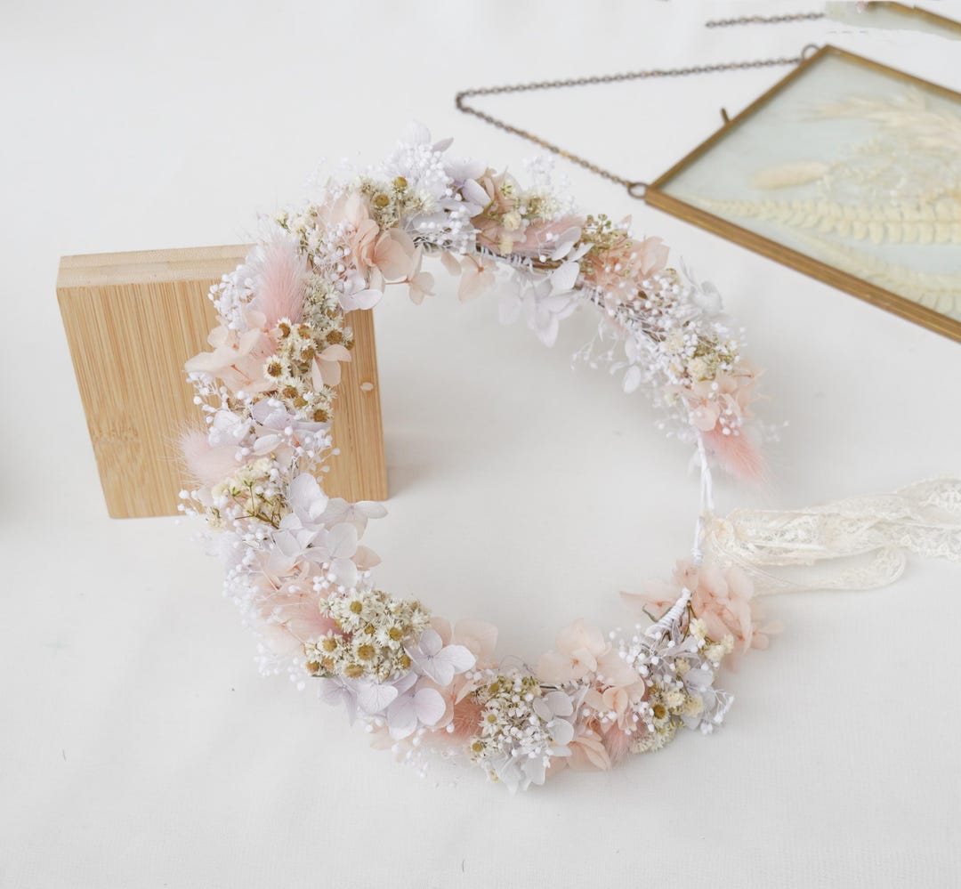 Pink+ White Mixed Dried Flower Crown, Bohemian Wedding Bridal Crown ...