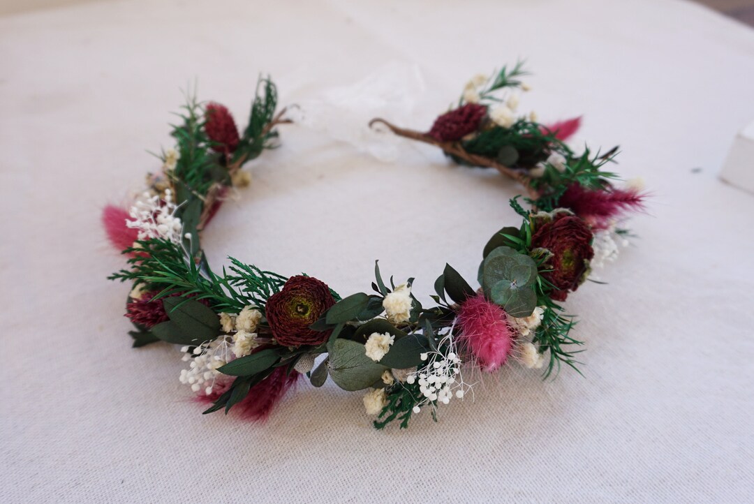 Maroon Themed Dry Flower Crown, Wedding Bride Dry Flower Headwear, Baby ...