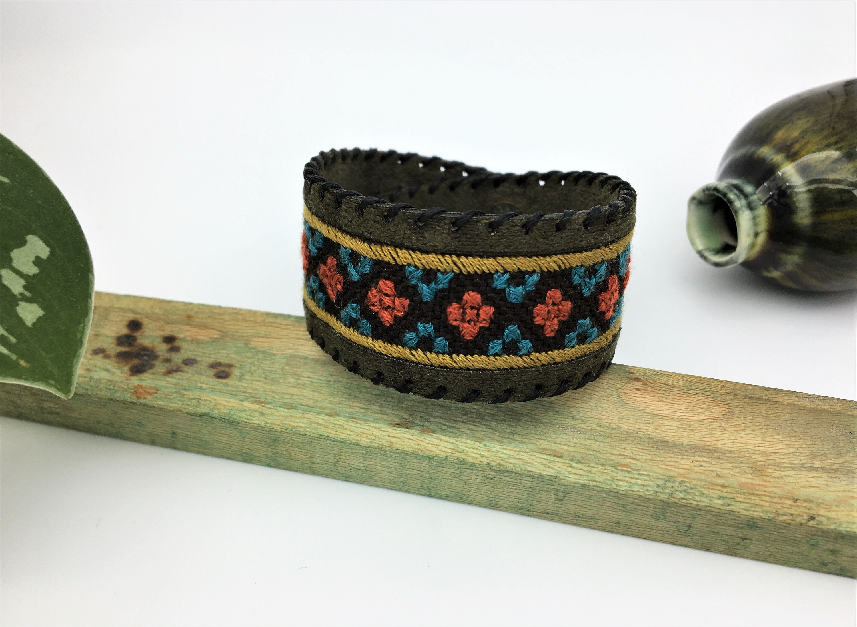 Embroidered Faux Leather Bracelet Hand Embroidery Bracelet - Etsy UK