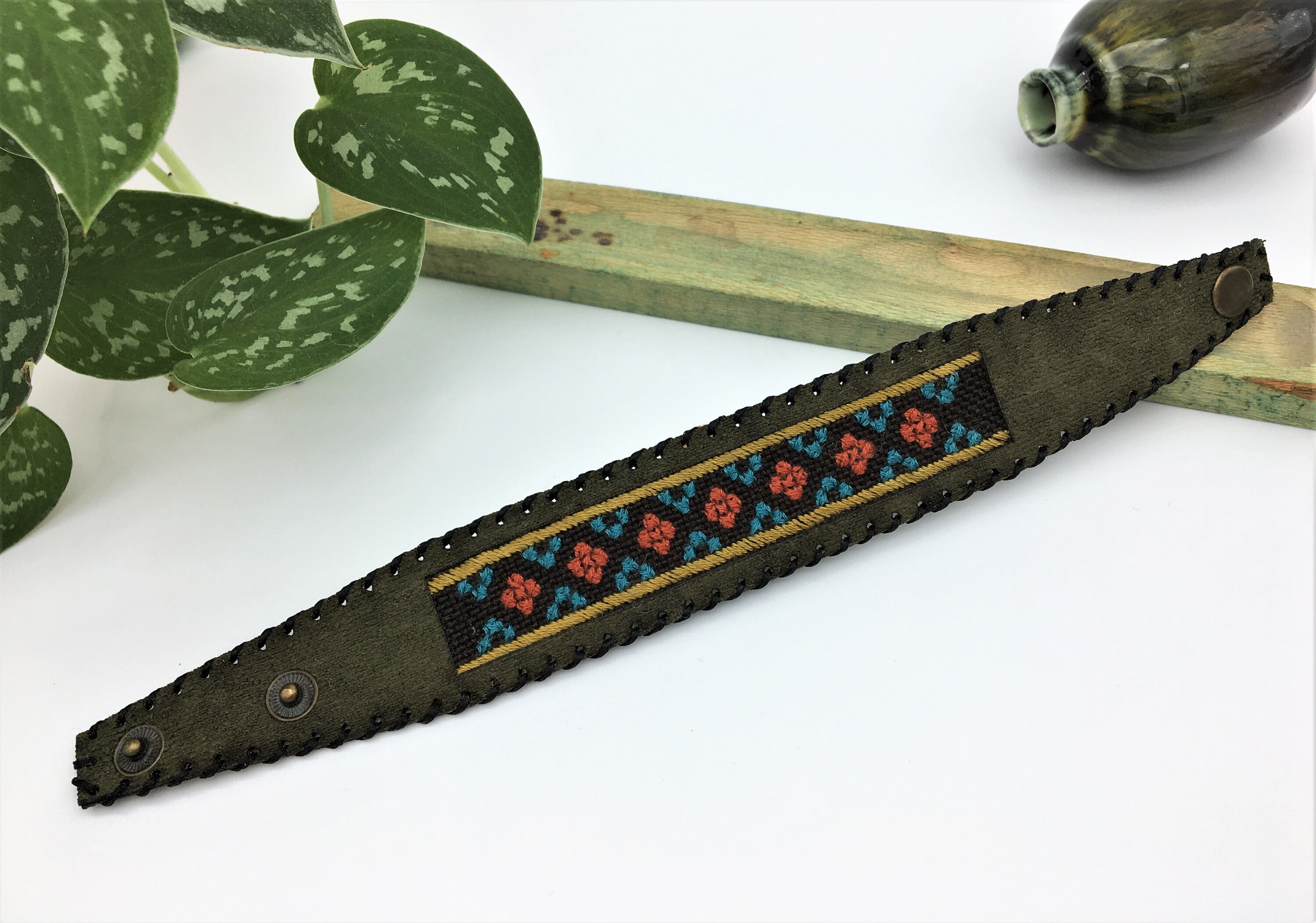 Embroidered Faux Leather Bracelet Hand Embroidery Bracelet - Etsy UK