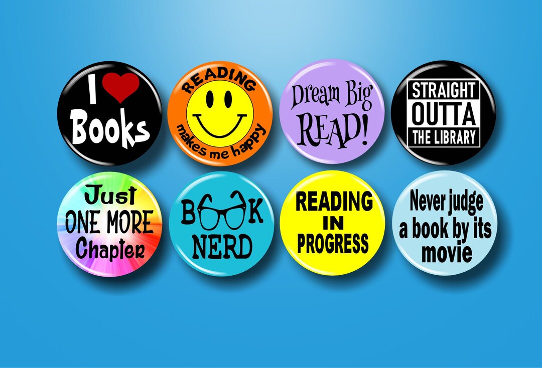Book Pins, Reading Pins, Buttons, 1.25" Pinbacks, Set of 8, Library ...