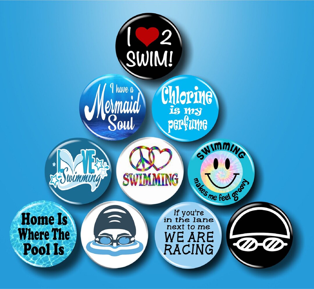 Swim Team Pinback Buttons Pins 1.25" Set of 10 Swimmer Swimming Themed ...