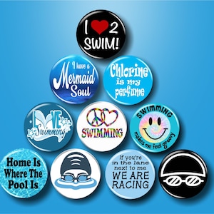 Swim Team Pinback Buttons Pins 1.25 Set of 10 Swimmer Swimming Themed ...