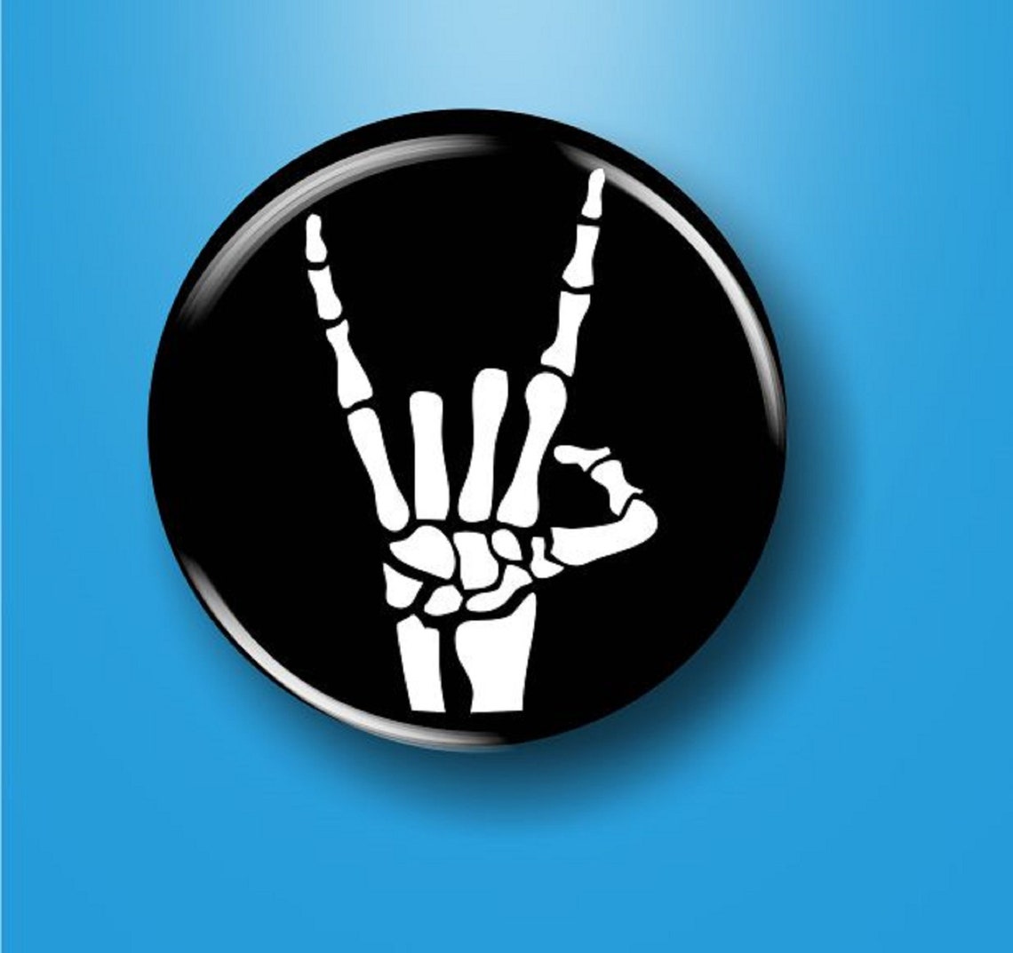 Rock on Skeleton Hand Gesture Pinback Button - Devil Horns Pin, Hat Bag ...