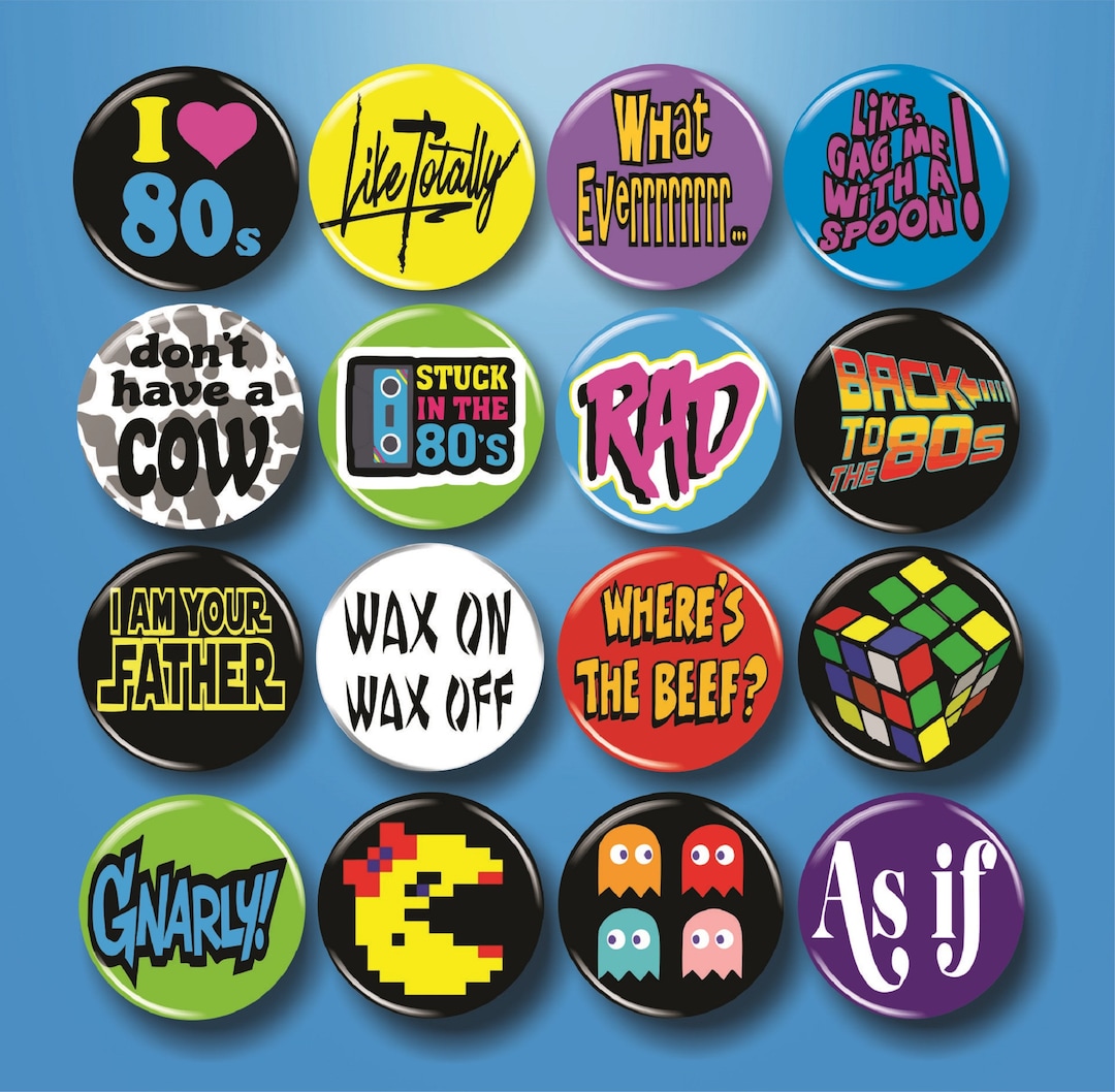 80s Theme Pins Buttons Retro Party Favors, Shirt and Hat Pins (set of ...