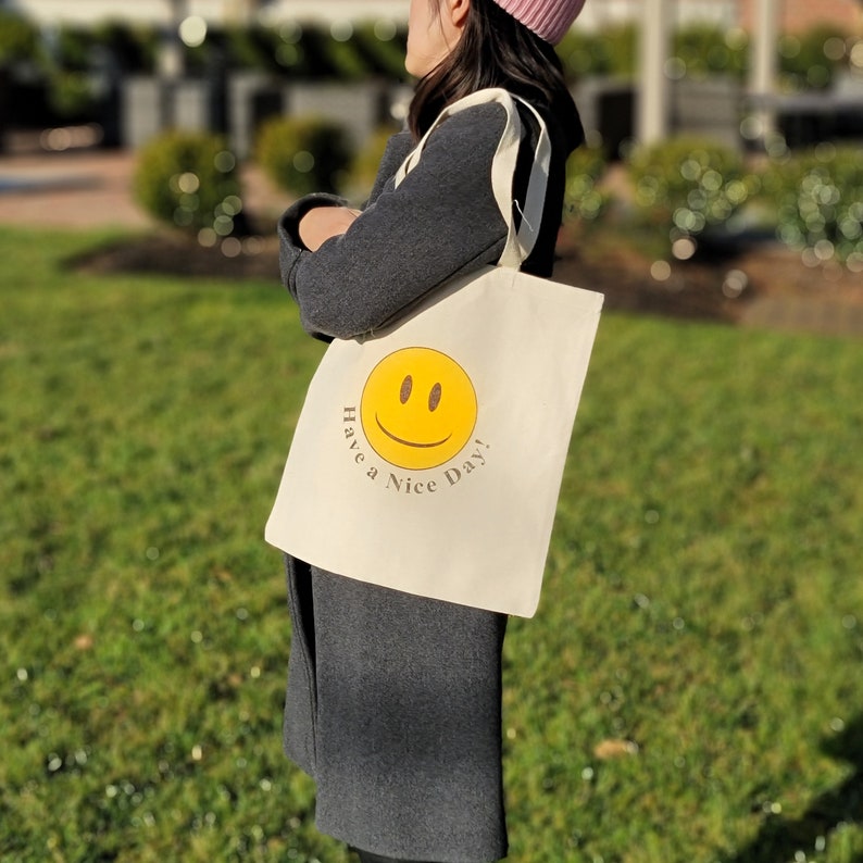 Have a Nice Day Handmade Tote Canvas Bag, Smiley Bag, Smiley Face Tote ...