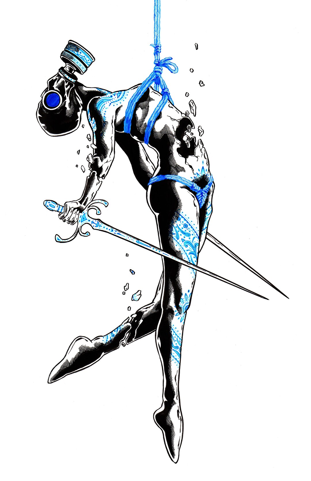 Suspended in Porcelain 11x17 Original Art Print Demon Angel Rope Blue ...