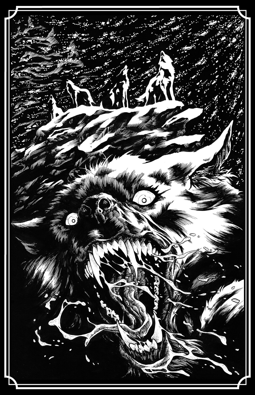 Winters Bite 11x17 Original Art Print Black White Art Werewolf Wolf Wolves Antlers Moth Forest ...