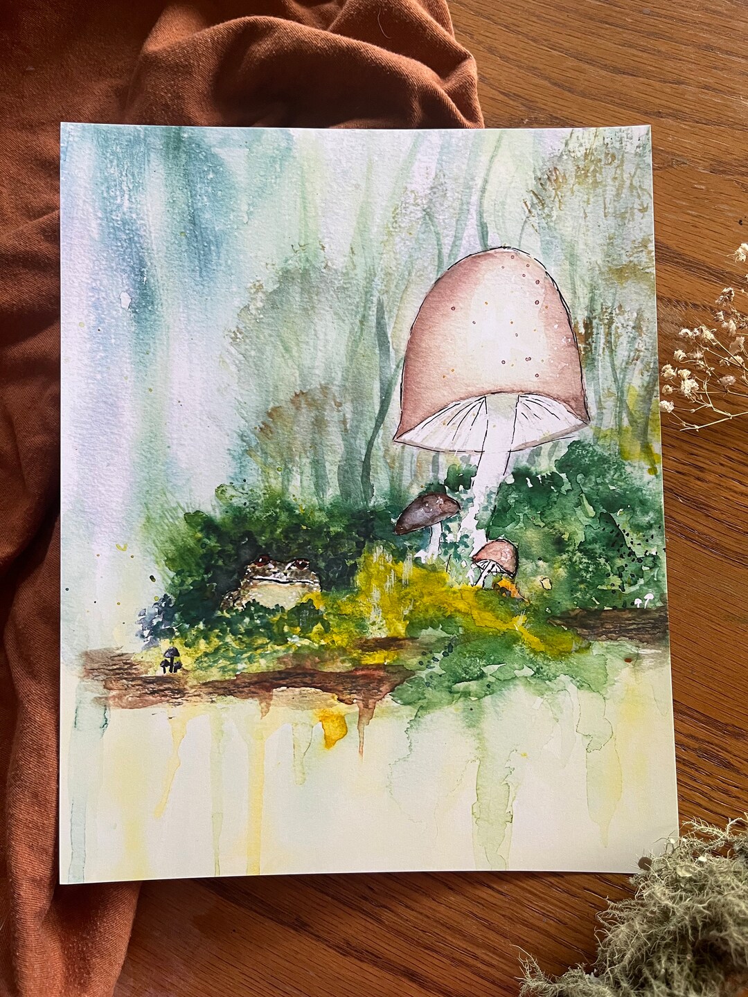 Toad and Mushroom Watercolor Drip Painting, Moss Art, Frog Core ...