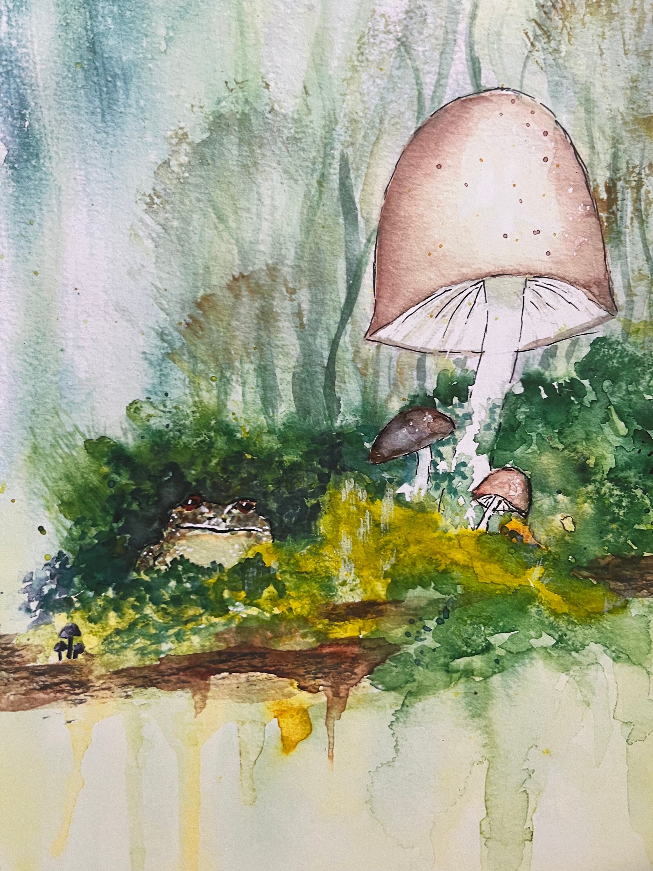 Toad and Mushroom Watercolor Drip Painting, Moss Art, Frog Core ...