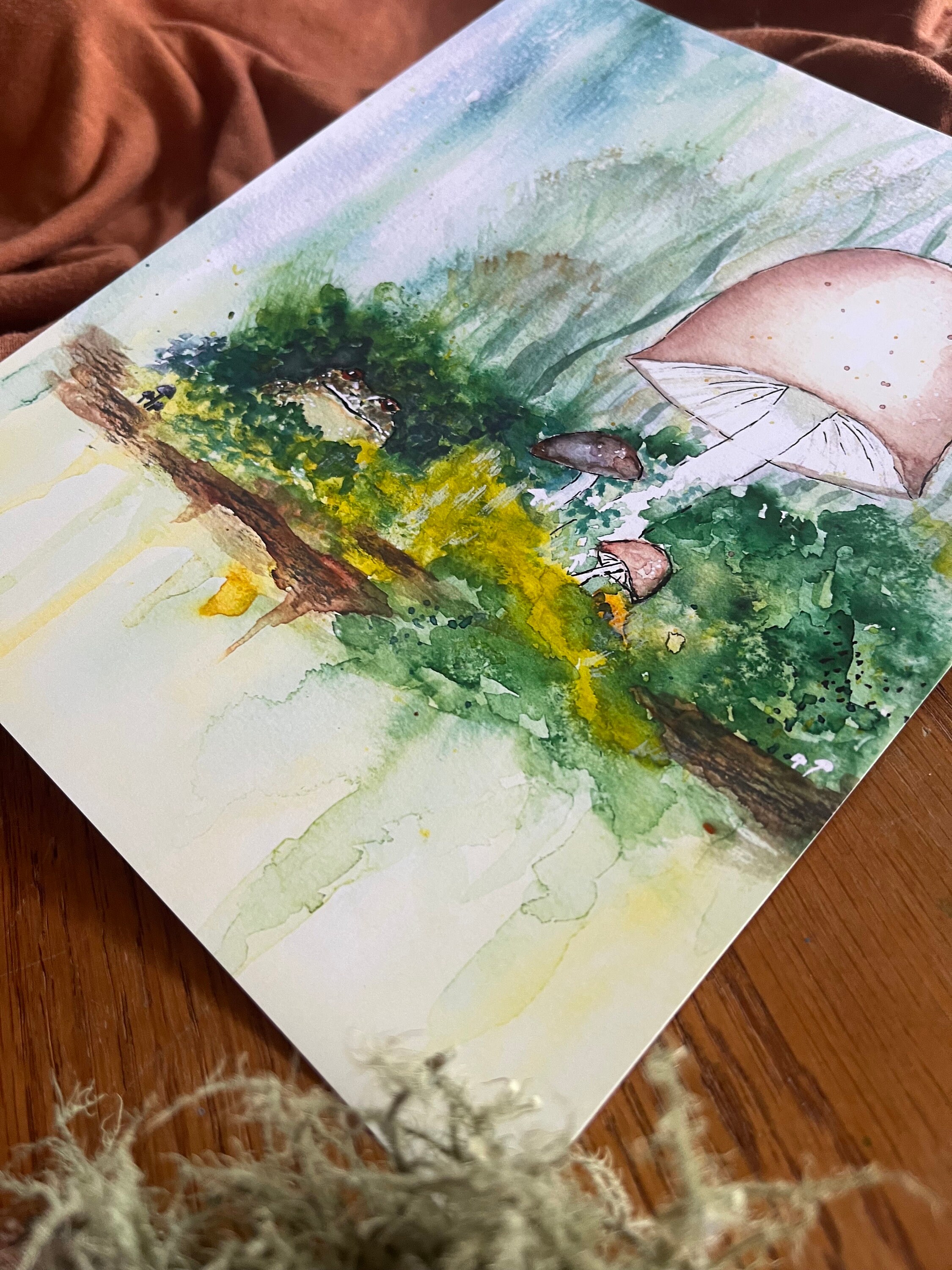 Toad and Mushroom Watercolor Drip Painting, Moss Art, Frog Core ...
