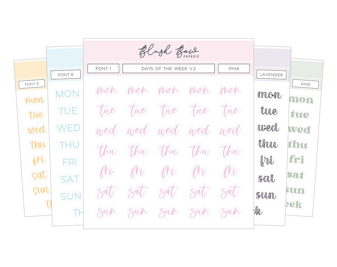 Days of the Week V.2 in 9 Fonts & 14 Colours Functional Planner ...