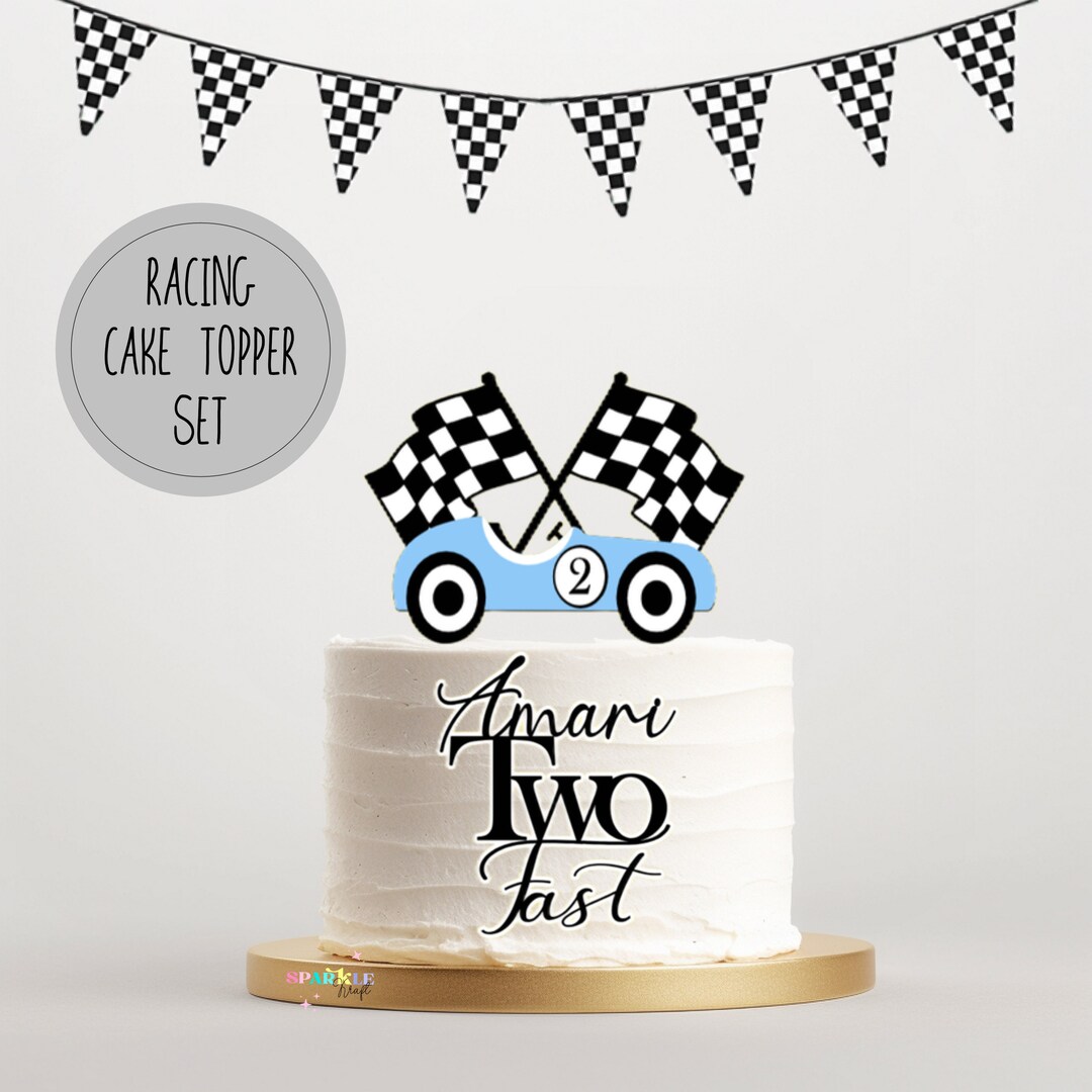 Personalised Racing Cake Topper Two Fast Cake Charm Cars Retro Vintage ...