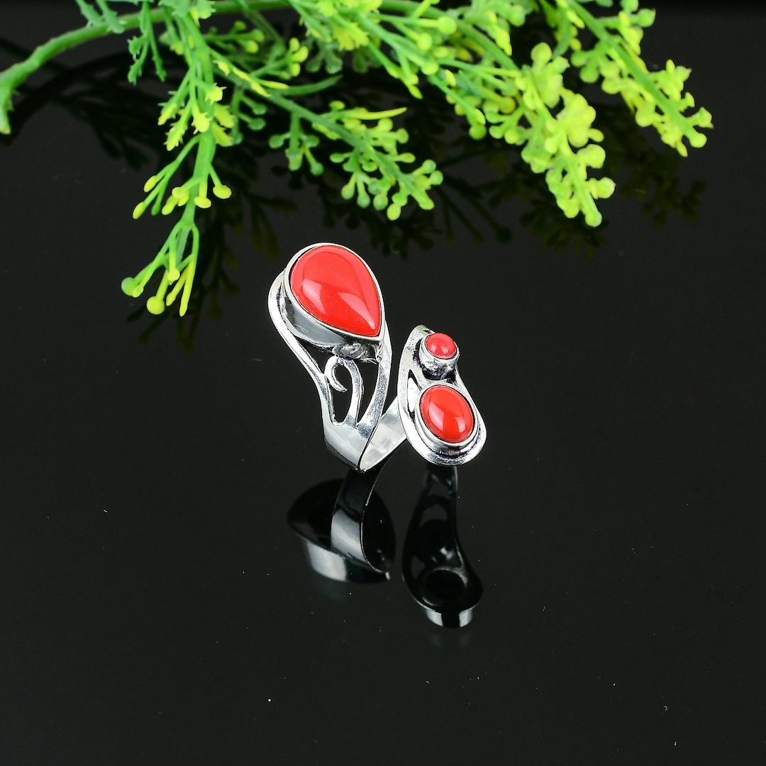 Red Coral Gemstone Ring, 925 Sterling Silver Ring, Unique Red Stone ...