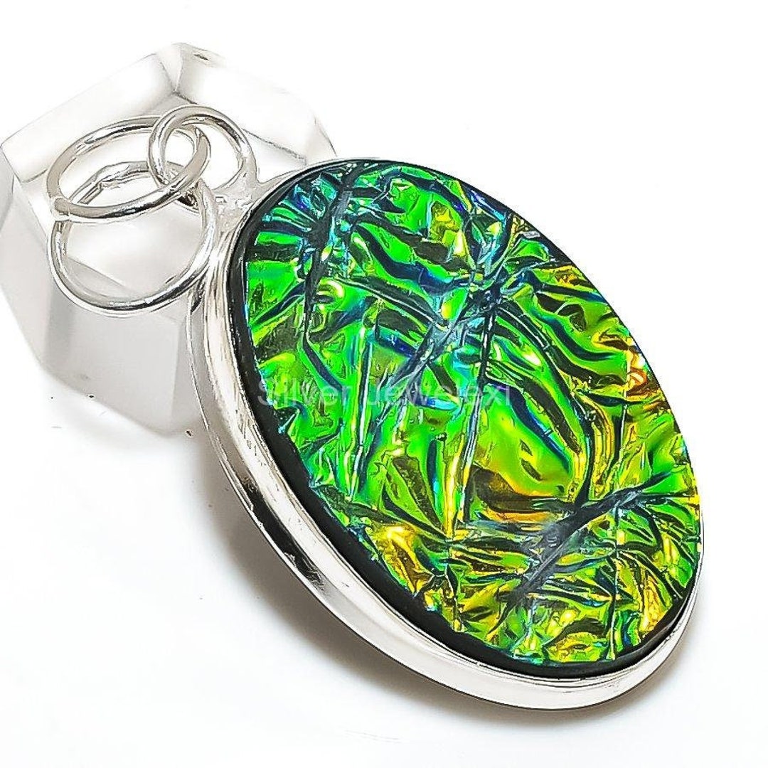 Dichroic Glass Art Deco Pendant 925 Sterling Silver Multicolor Stone ...