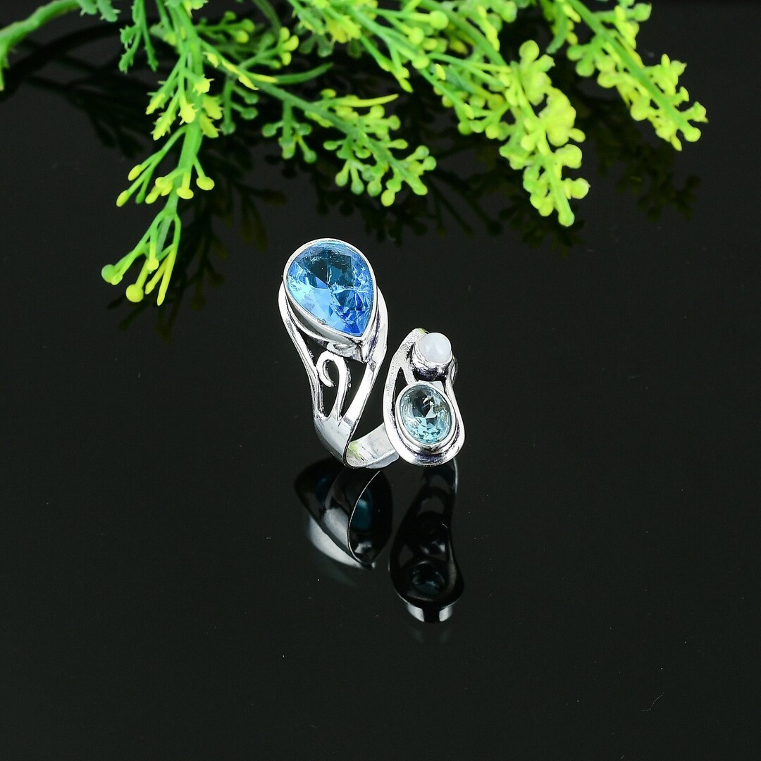 Blue Topaz Ring Rainbow Moonstone Ring 925 Sterling Silver Ring