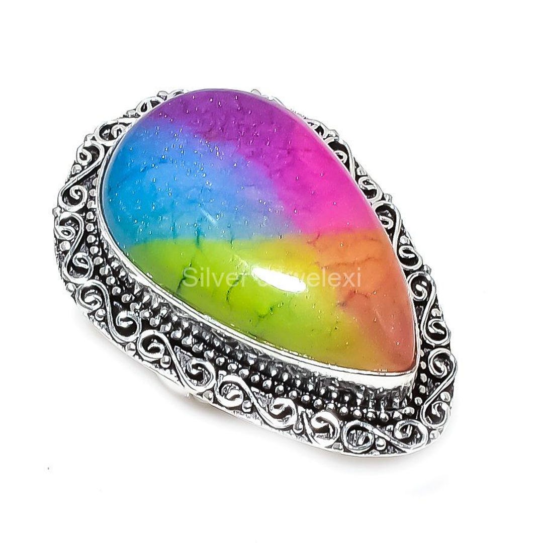 Natural Rainbow Solar Quartz Ring Size 8, Multicolor Gemstone Ring ...