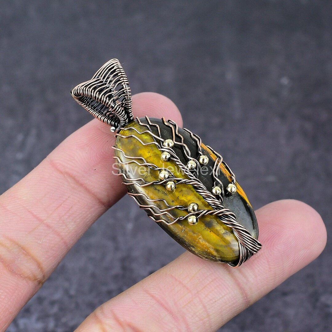 Precious Natural Tiger's Eye Pendant, Gemstone Pendant, Black Wire Wrap ...