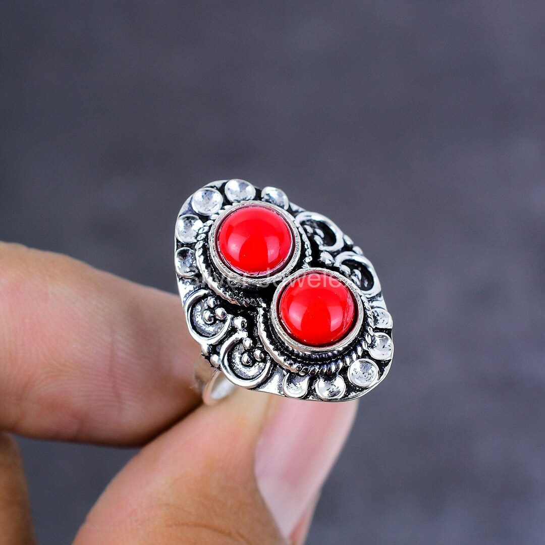Handcrafted Natural Coral Ring Size 8 1/2, Red Gemstone Ring, Band Ring ...