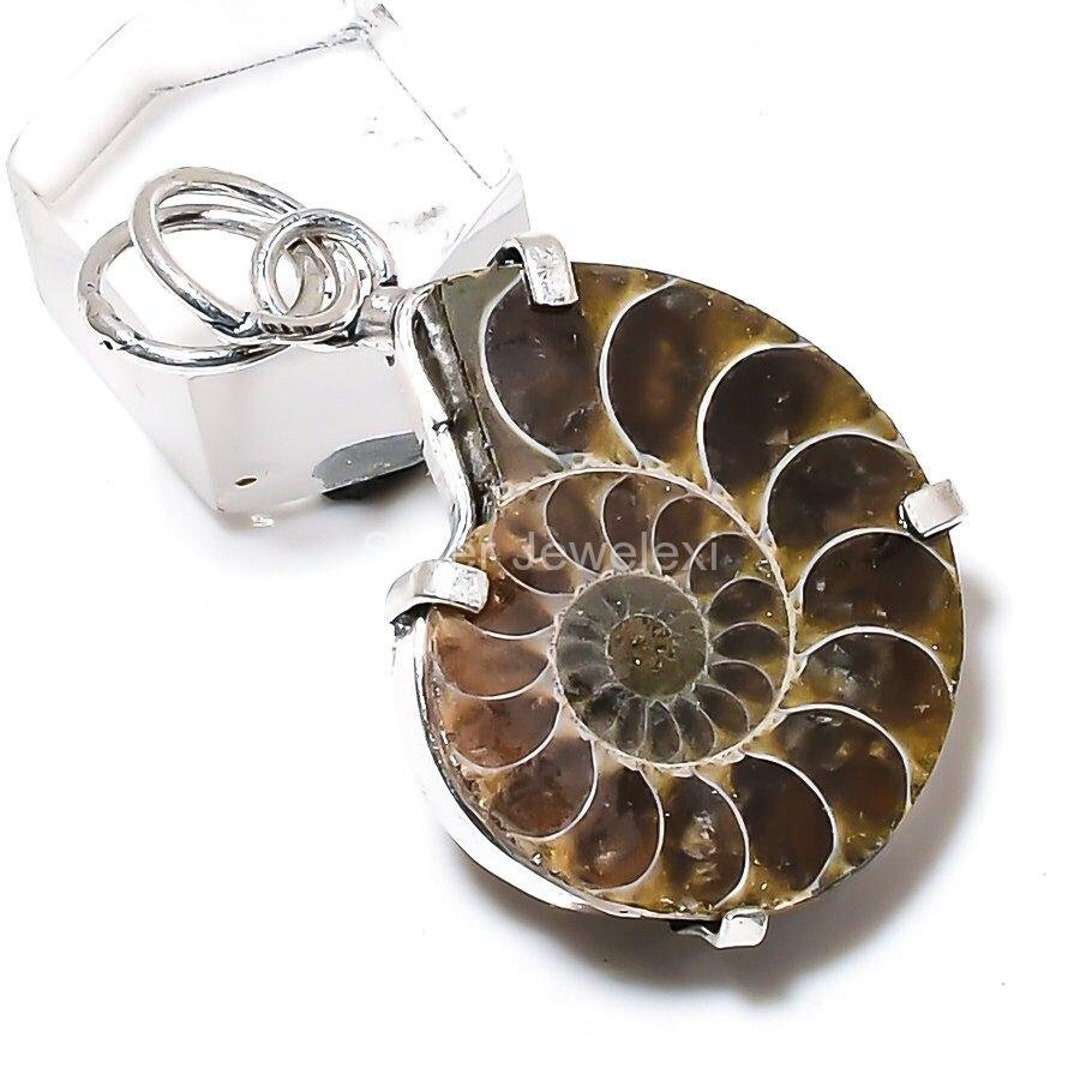 100% Natural Ammonite Pendant, Brown Gemstone Pendant, Pendant, 925 ...