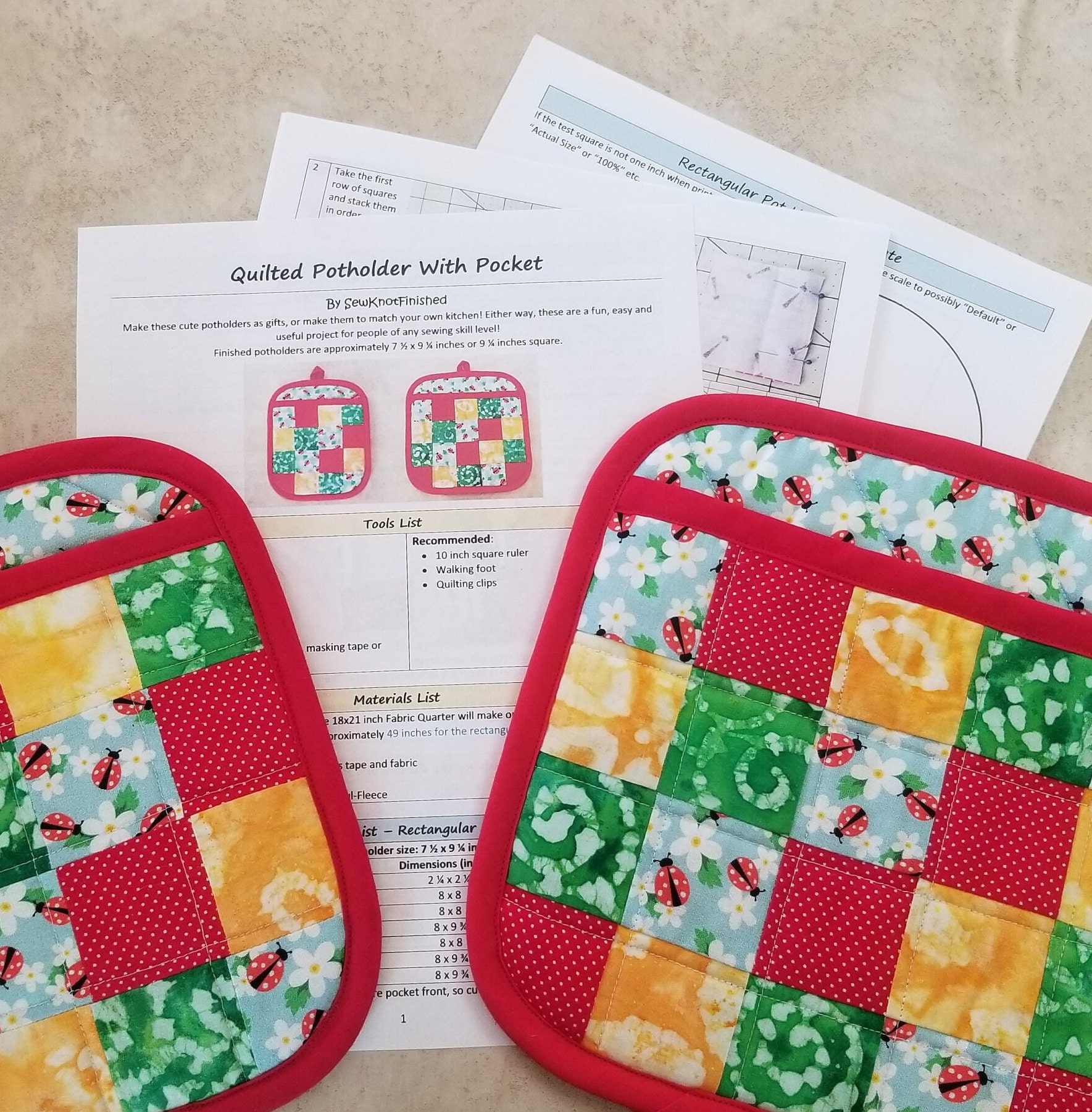 Quilted Potholder Pattern Set: Square & Rectangular With Pocket (PDF ...