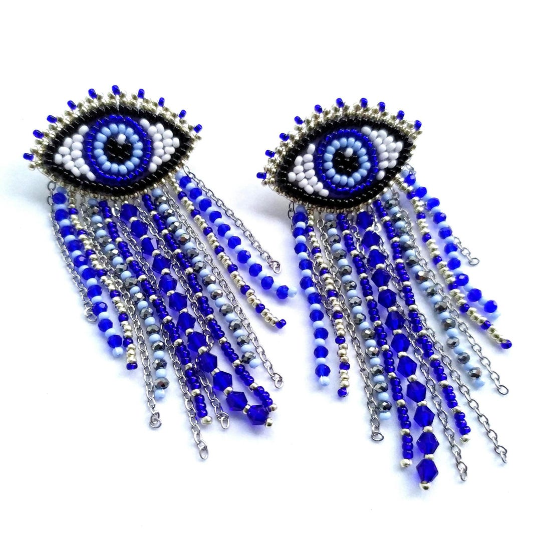 Evil Eye Beaded Fringe Earrings – Blue Statement Jewelry - Etsy