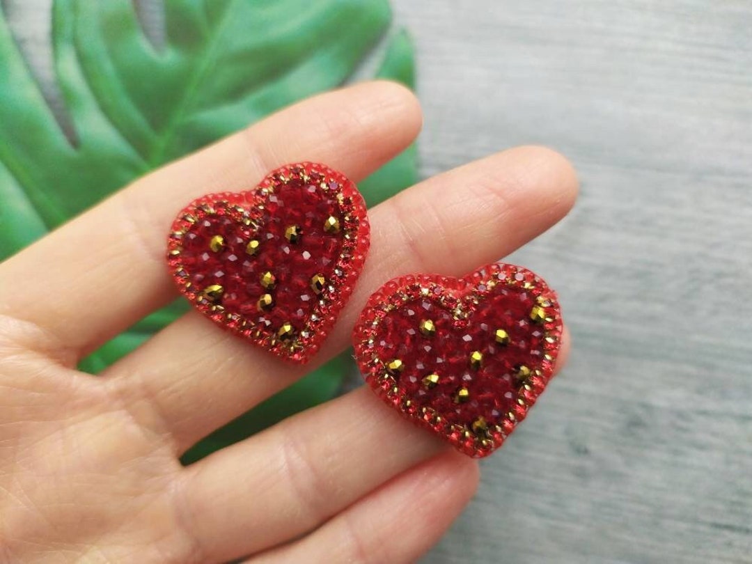 Bead Embroidery Red Heart Earrings Stud - Etsy