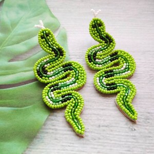 Snake Earrings, Seed Bead Embroidery Green Snake, Serpent Earrings ...