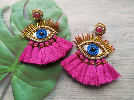 BetterMonday Evil Eye Earrings. Hot Pink Tassel Evil Eye Jewelry. Chunky Bead Embroidery Eyes for Protection and Style