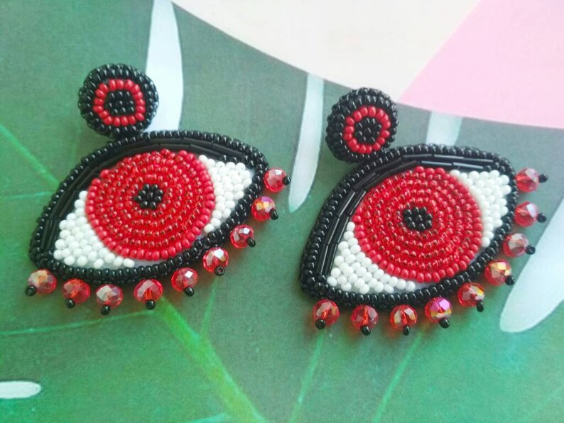 Red Evil Eye Earrings Large Eye Beaded Earrings Stud Bead | Etsy