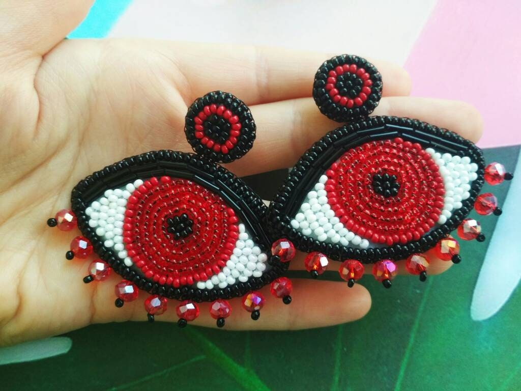 Red Evil Eye Earrings Large Eye Beaded Earrings Stud Bead | Etsy
