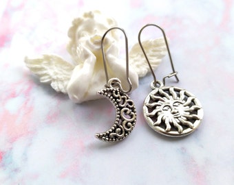 Asymmetrical Sun and Moon Earrings, Mismatched Earrings, Gold Moon Earrings, Sun Charm Earrings ...