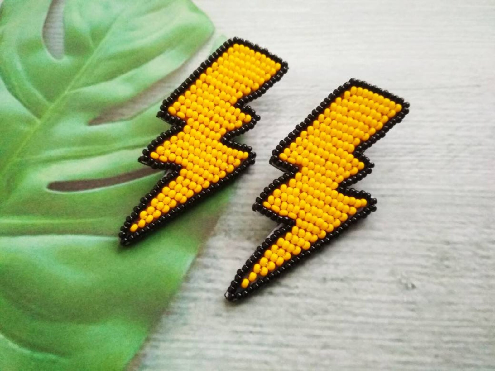 Yellow Lightning Bolt Earrings Bead Embroidery Large - Etsy