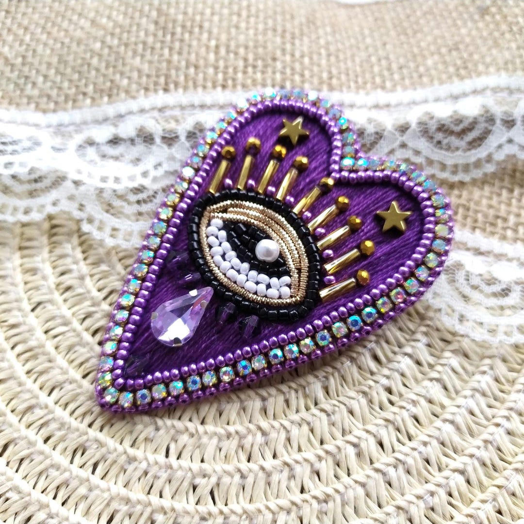 Purple Heart Brooch With Evil Eye, Stars&teardrop. Handcrafted ...