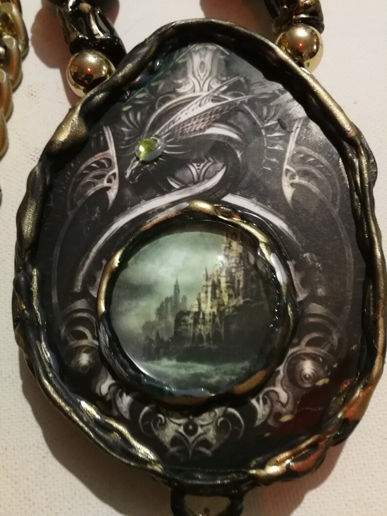 Dragon and Dungeons, Fairy Tale Castle, Wicca Jewelry Statement, Green ...