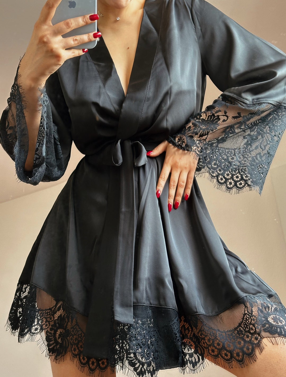 Black Short Silk With Lace Robe, Transparent Robe, Sexy Hot Nightwear ...