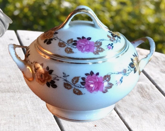 Raynaud & Co. Limoges Floral Sugar Bowl, Pink Yellow Motif, Gold Trim ...