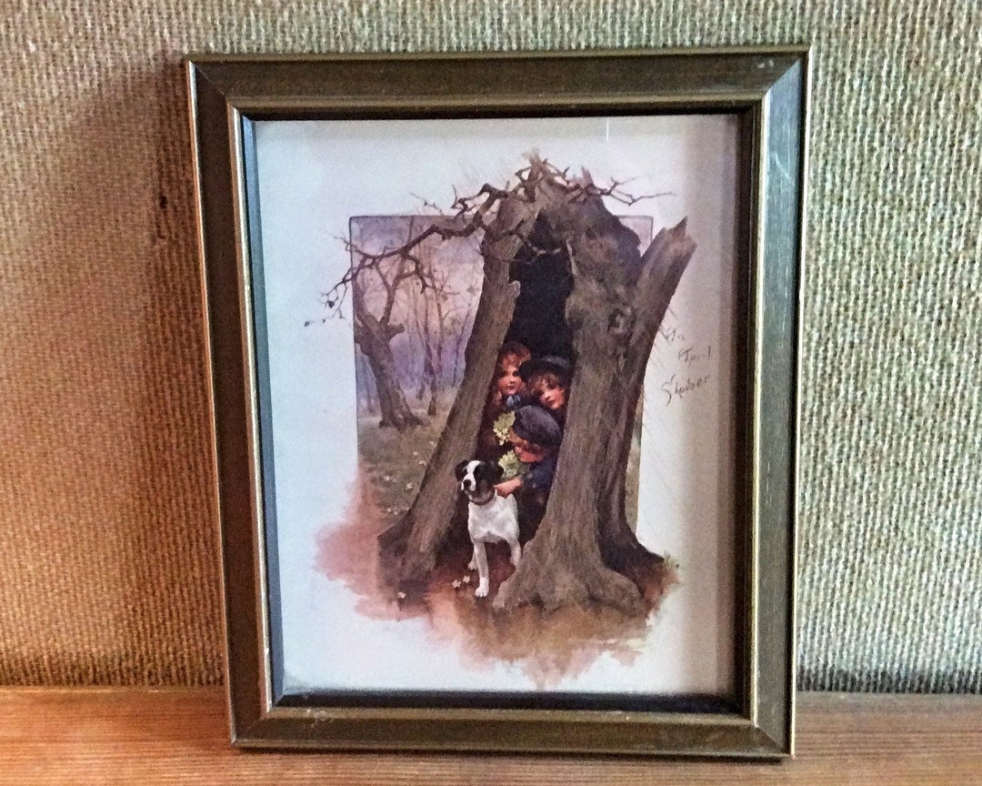 Vintage Framed Children & Dog Print: April Showers Tree Trunk Art - Etsy