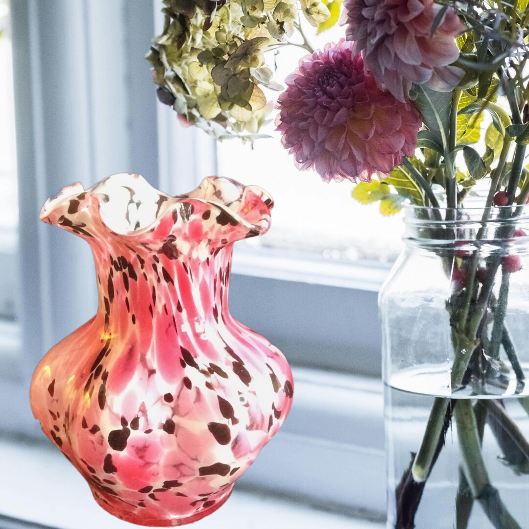 Pink Black Splatter Art Glass Vase, Ruffle Top Vase, Table Centerpiece ...