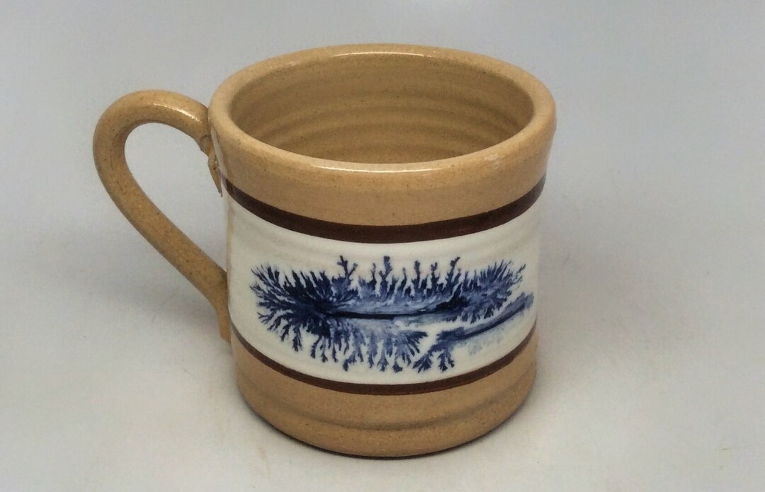 Yellow Ware East Knoll Pottery Mug White Band Feather Seaweed Pattern ...