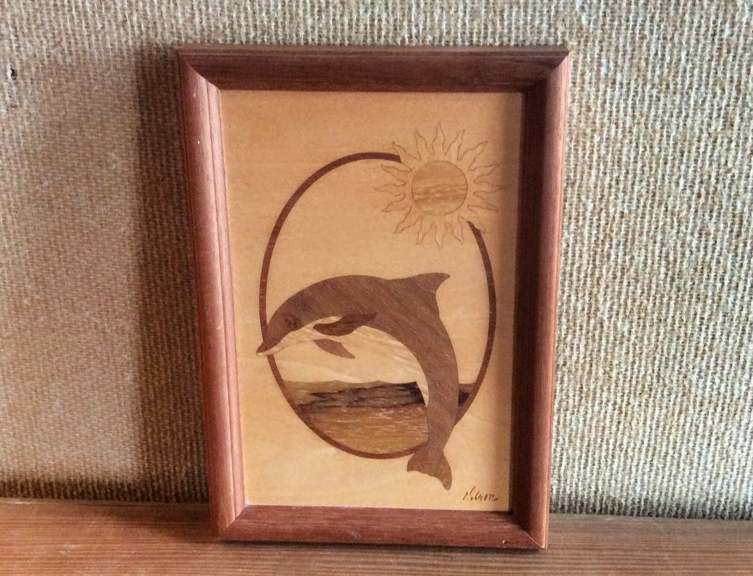 Vintage Wood Inlay Jeff Nelson Art Dolphins, Nautical Wall Decor ...
