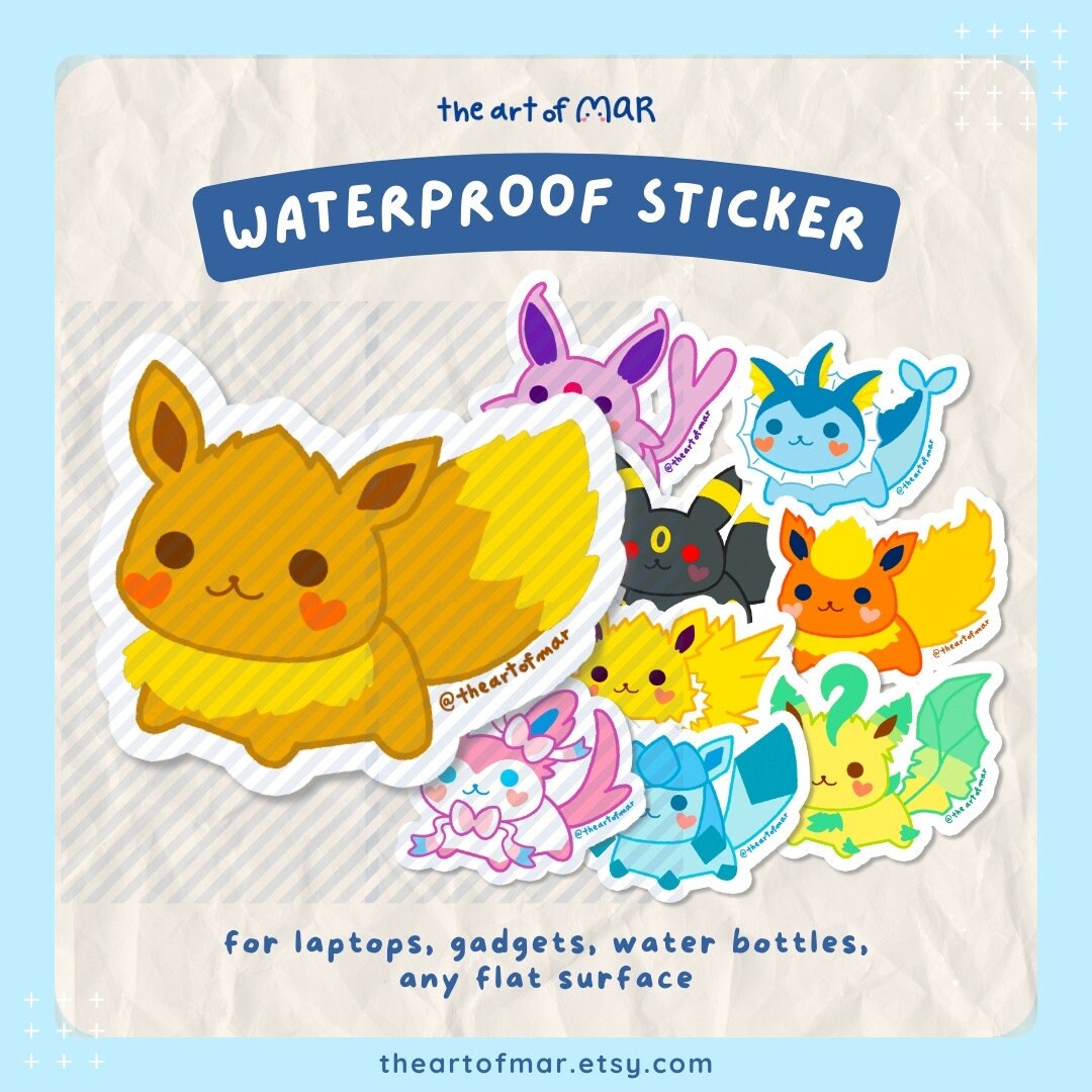 Eeveelution Chibi Waterproof Sticker Eevee, Sylveon, Vaporeon, Jolteon ...