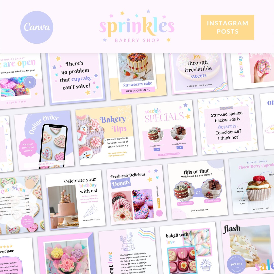 Bakery Instagram Post Templates: Canva Pink Social Media Posts C08 - Etsy