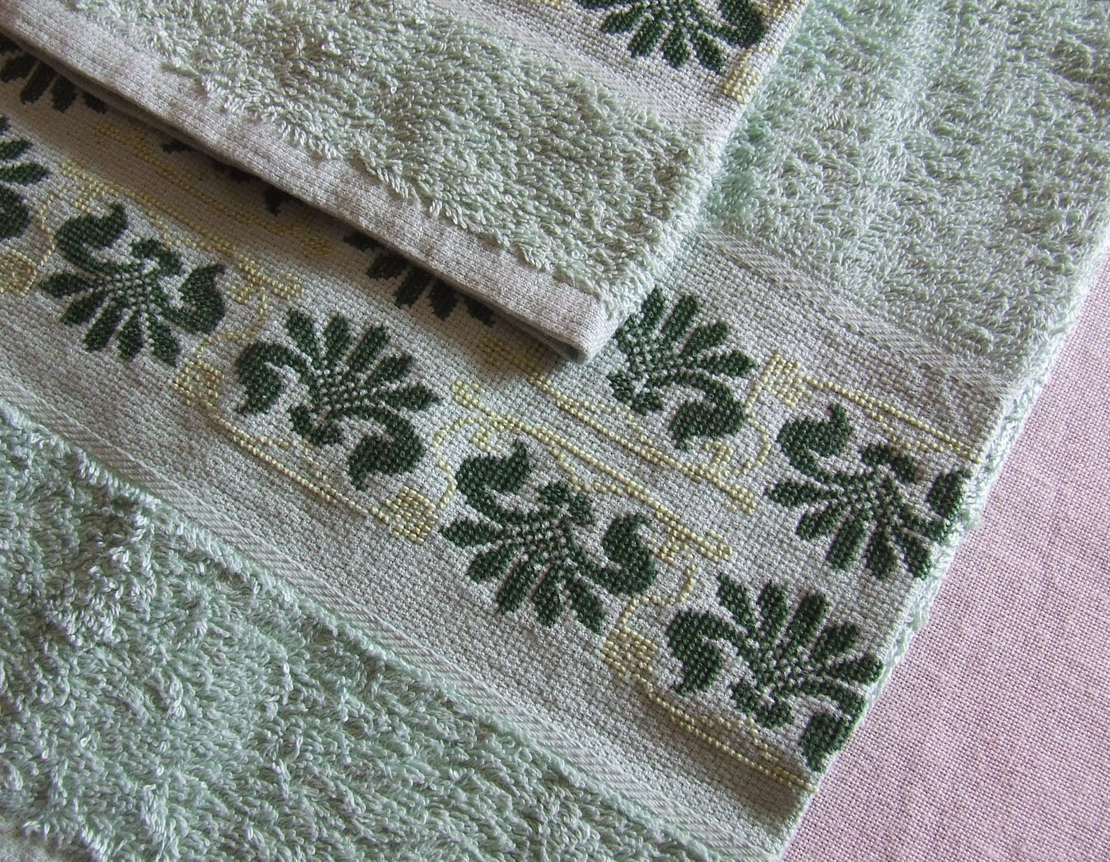 Sponge Towel Set and Cross Stitch Embroidery Green on Green - Etsy