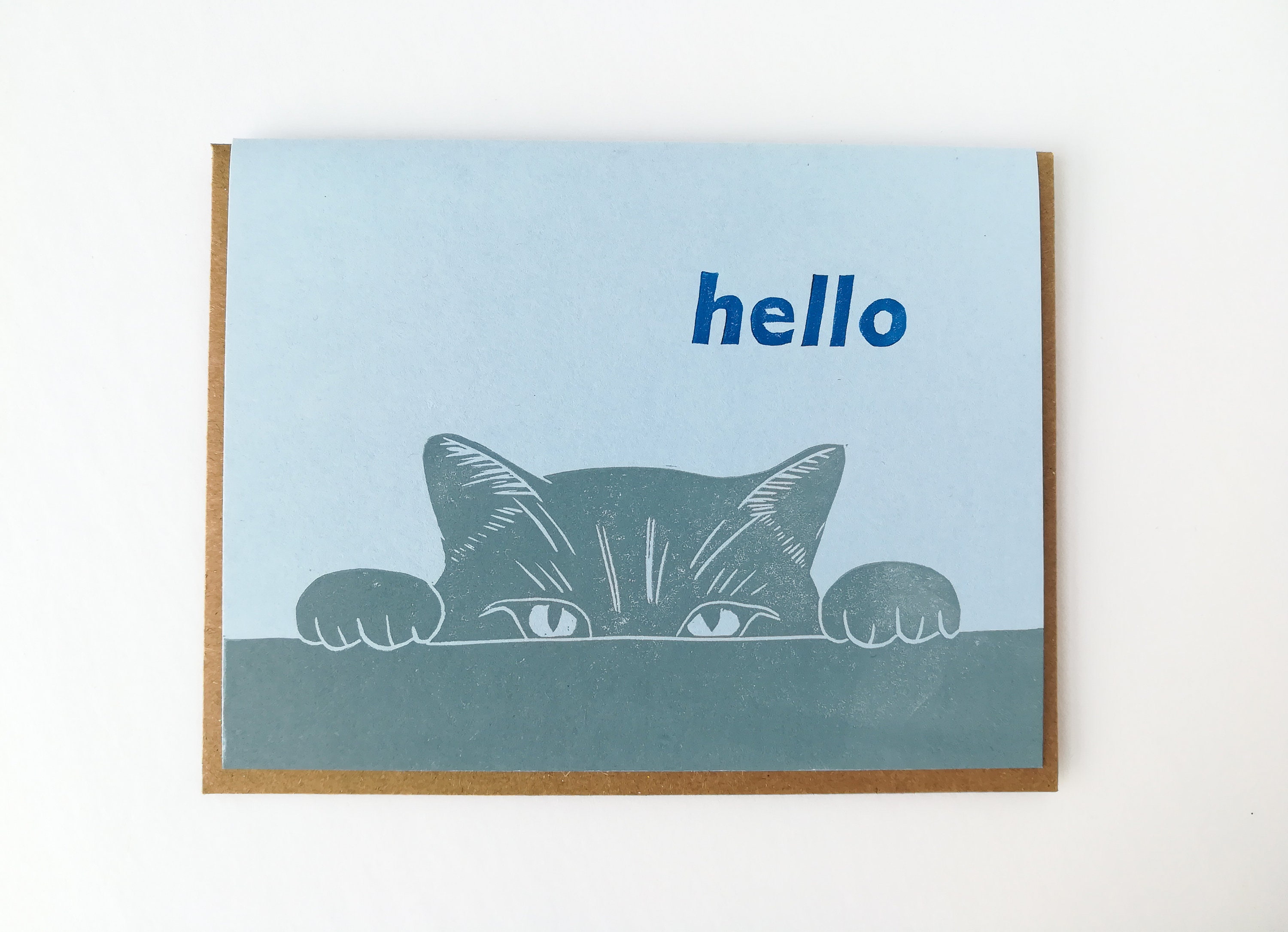 Handprinted Linocut Hello Cat Card - 100% Recycled Paper and ...