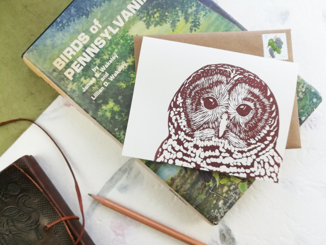 Handprinted Linocut Barred Owl Card 100% Recycled Paper and - Etsy