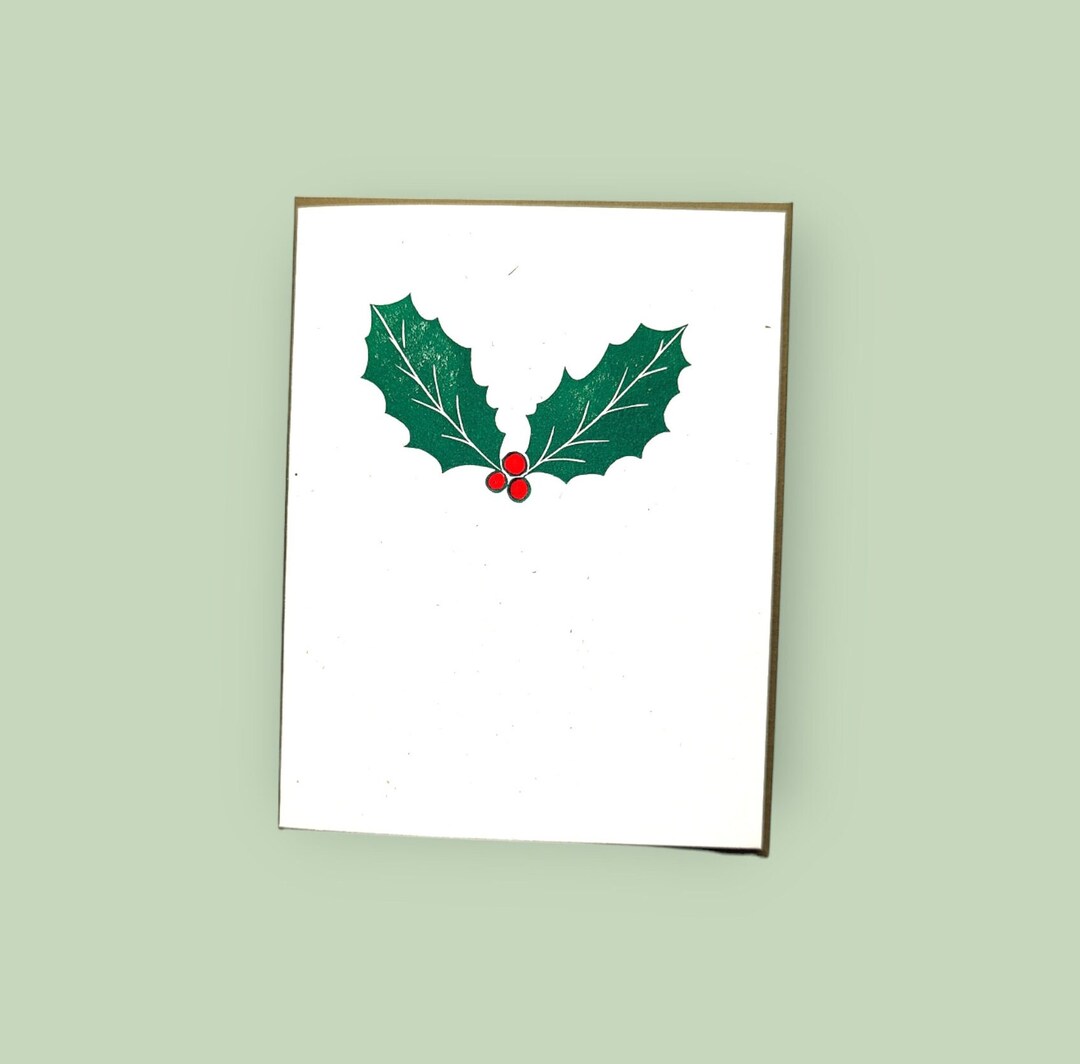 Handprinted Linocut Holly Card - 100% Recycled Paper and Sustainable ...