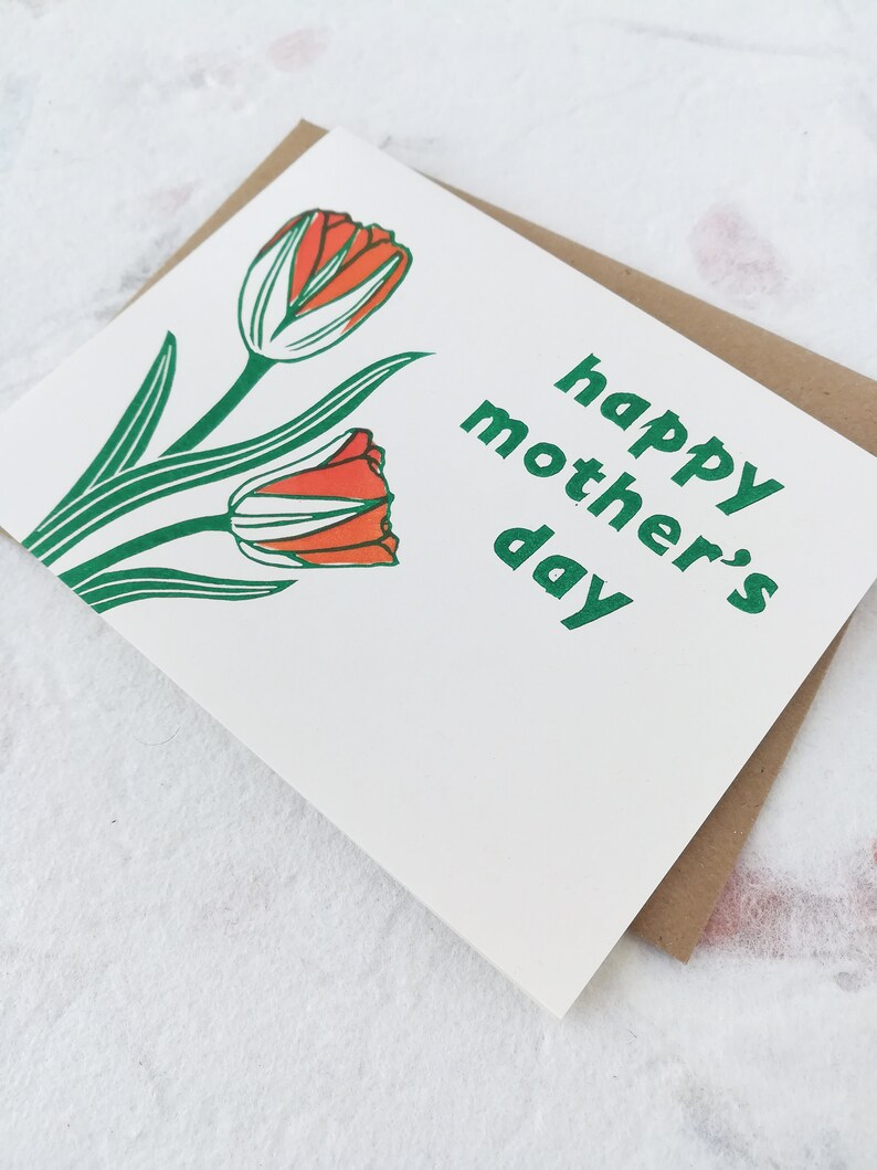 Handprinted Linocut Mother's Day Tulips Card - 100% Recycled Paper and ...