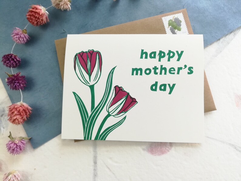 Handprinted Linocut Mother's Day Tulips Card - 100% Recycled Paper and ...