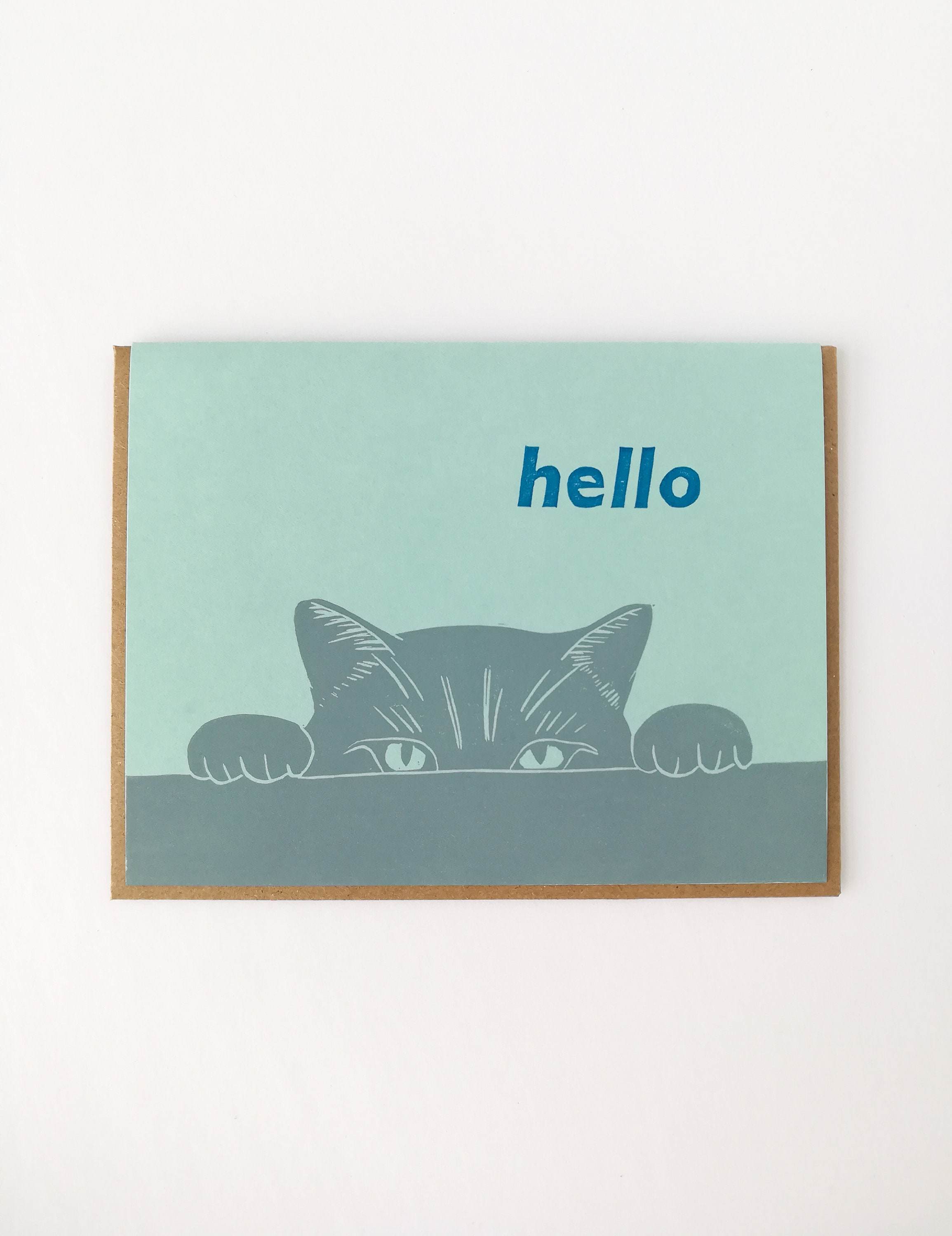 Handprinted Linocut Hello Cat Card - 100% Recycled Paper and ...